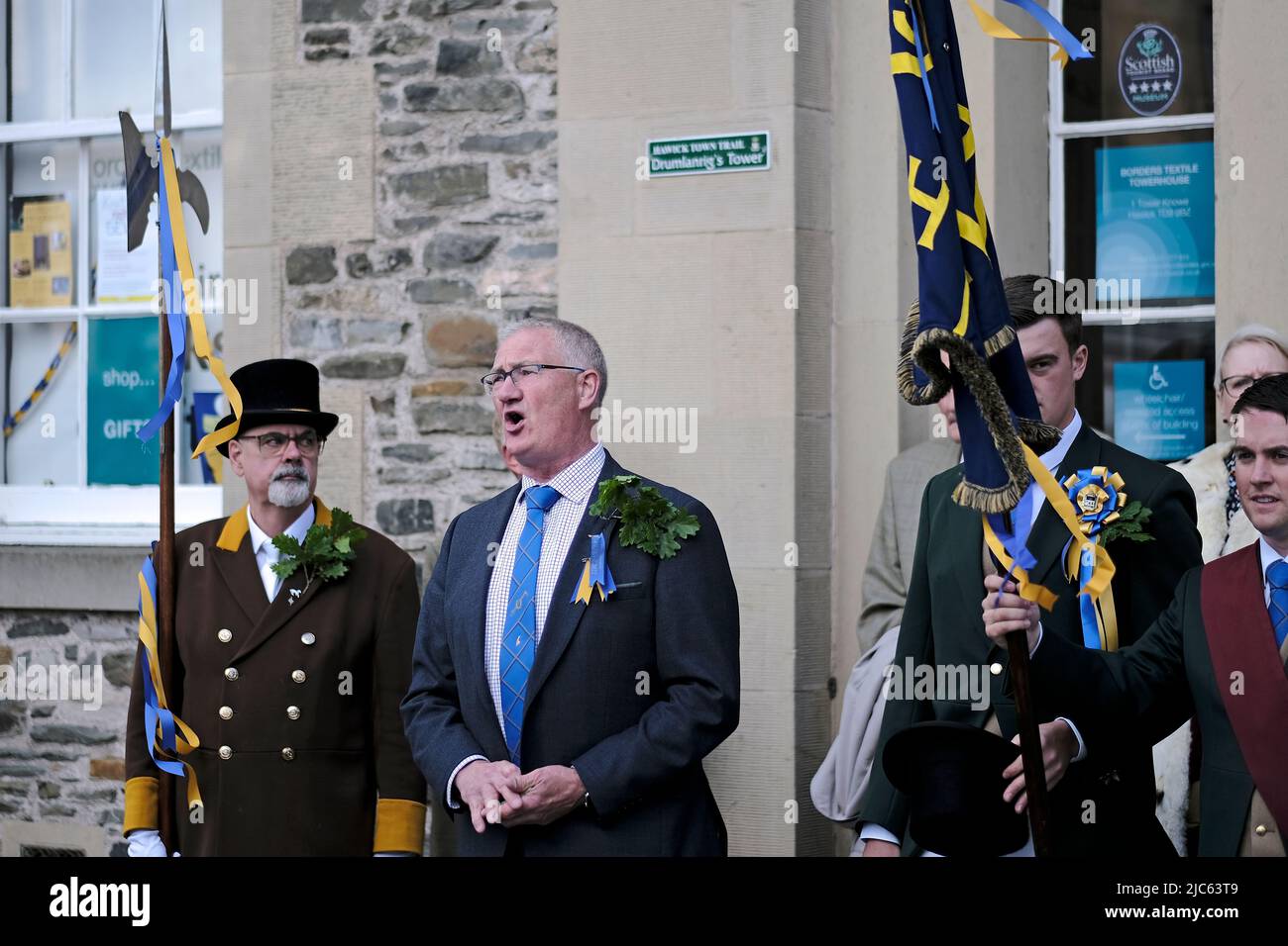 Hawick, UK. , . 2022 Hawick Common Riding Michael Aitken leads the ...