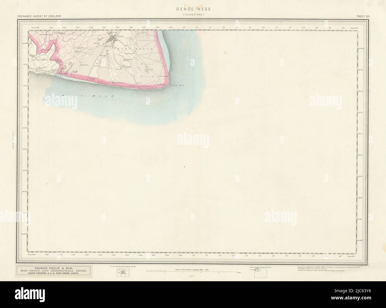 Ordnance Survey Sheet 321 "Denge Ness". Dungeness Lydd Kent 1880 old ...