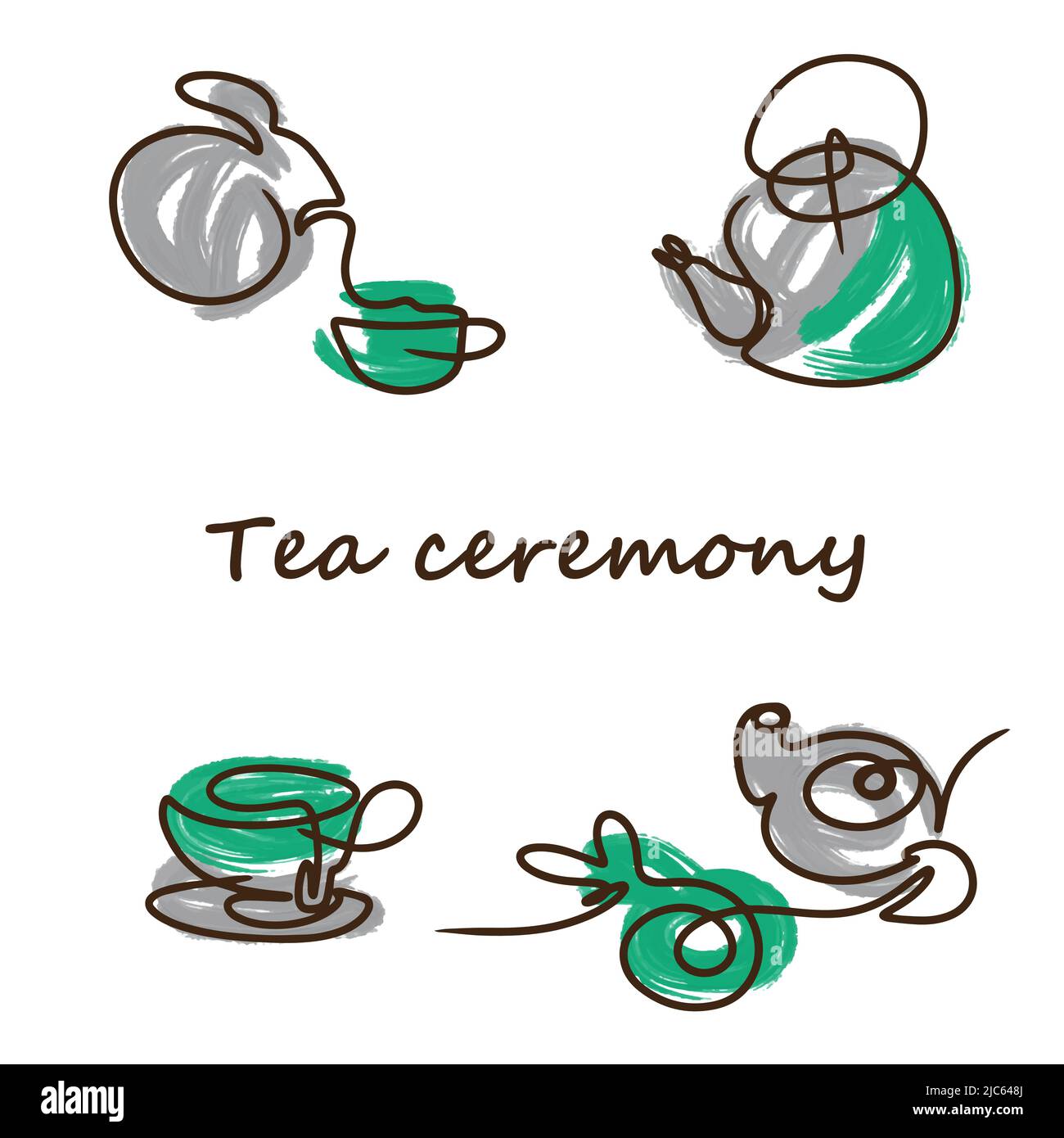 Tea ceremony set, green tea, teapot and cup of tea, drawing in doodle ...