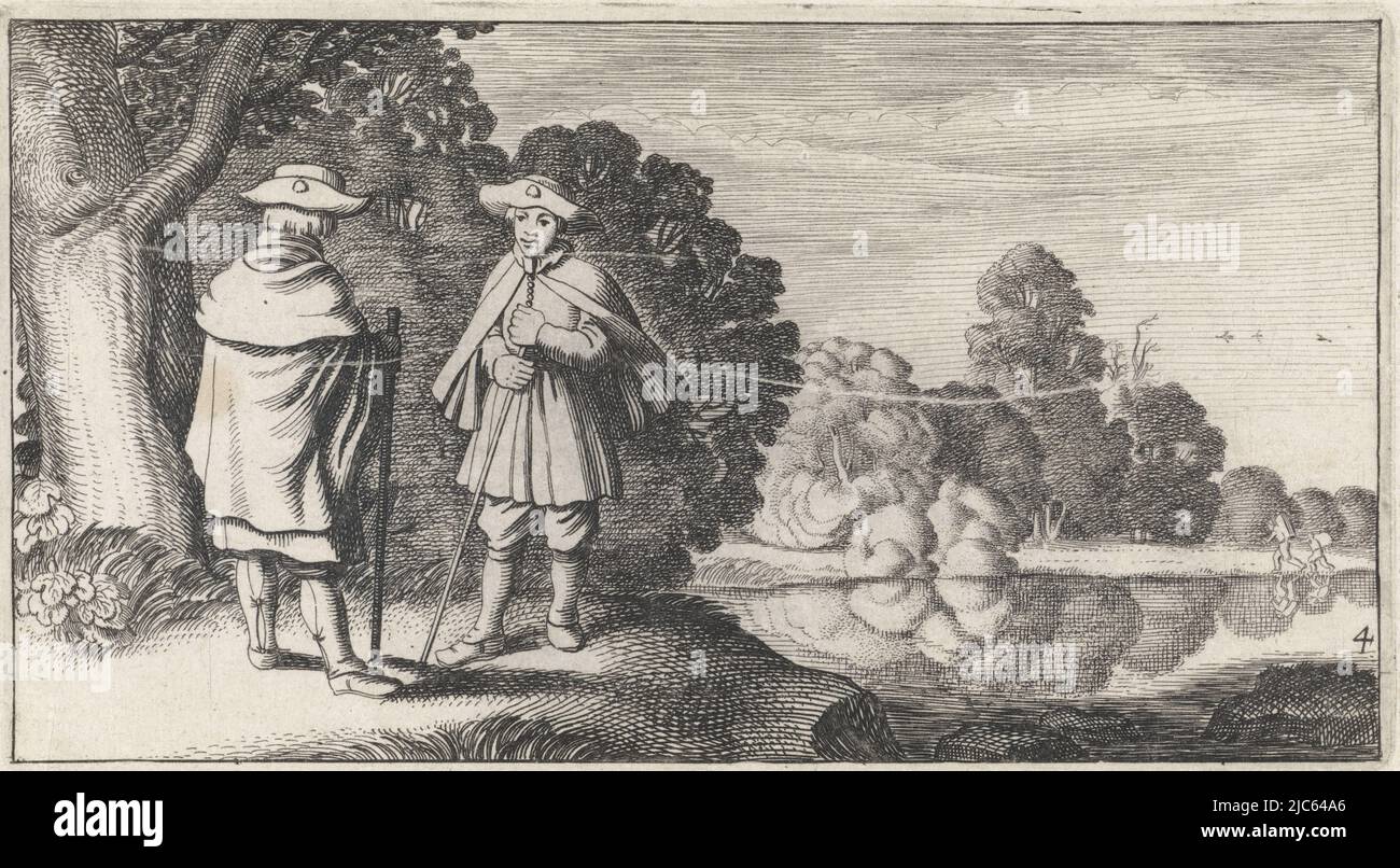 Two pilgrims at the edge of a lake, one seen from behind. In the ...