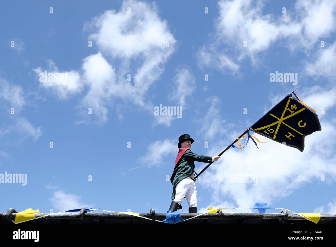 Hawick, UK. , . Hawick Cornet 2022, Greig Middlemass waves the Banner ...