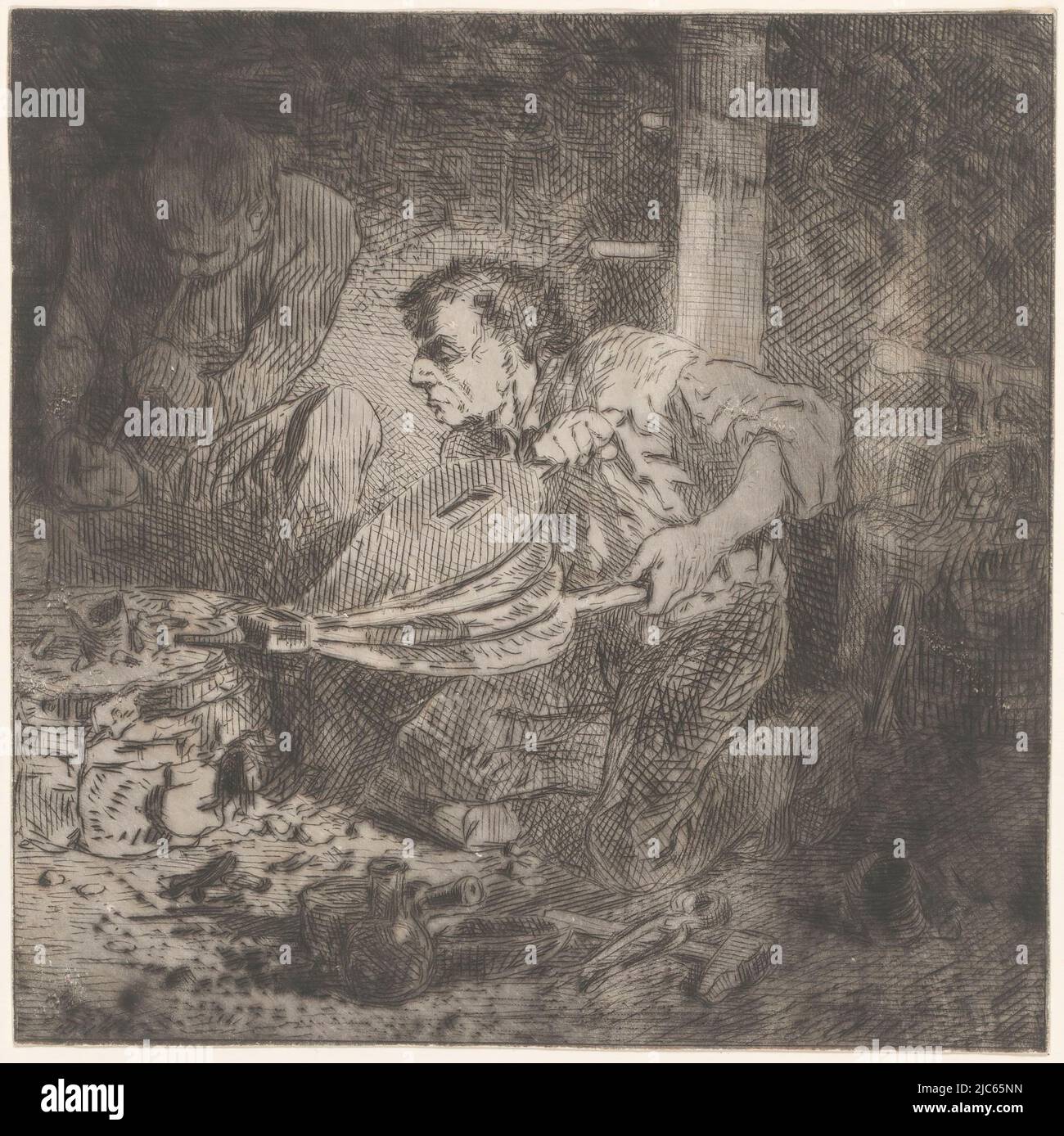 Blacksmith with bellows, print maker: Charles Emile Jacque, (attributed ...