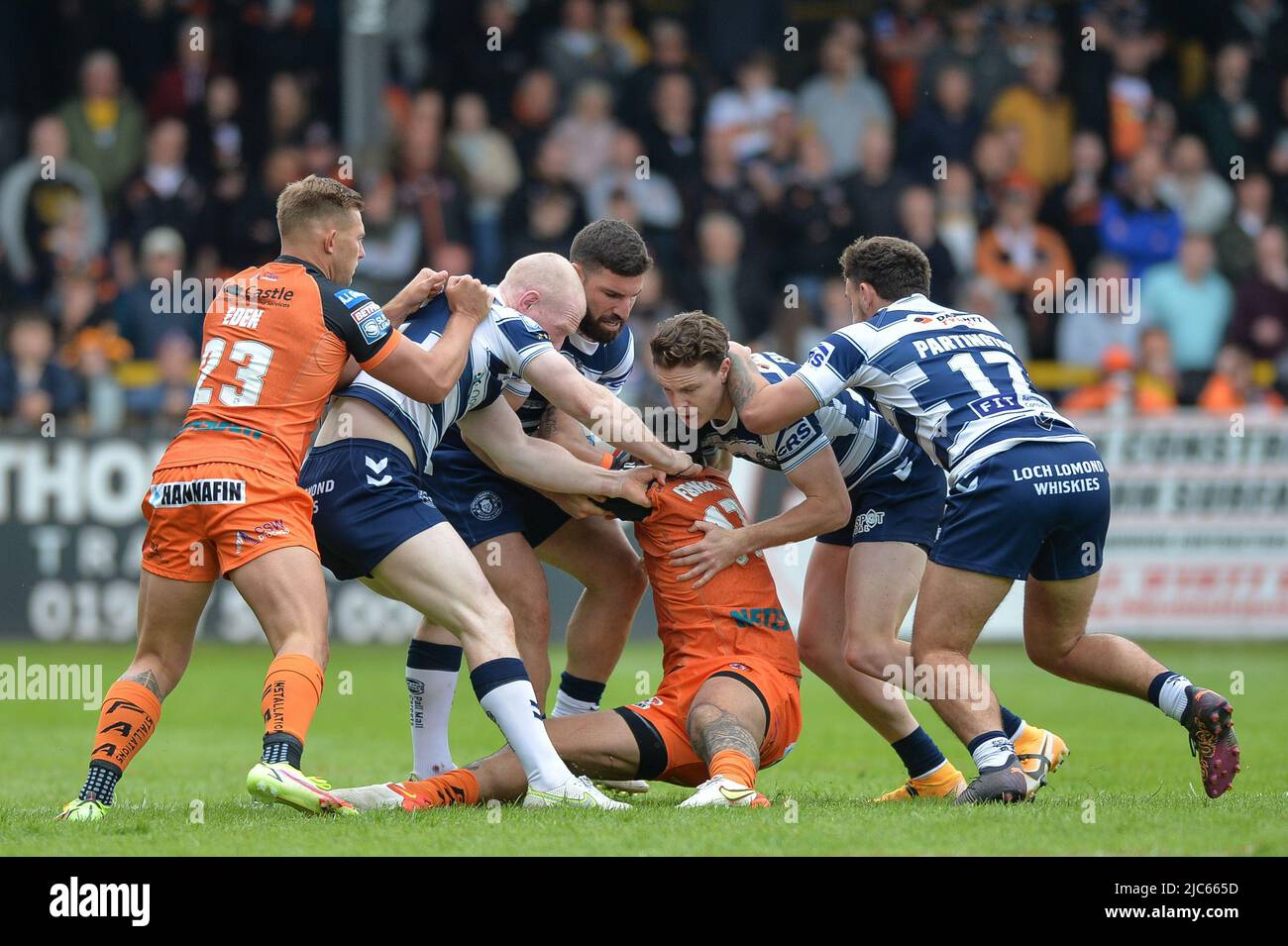 Castleford, England - 4 July 2022 - Liam Farrell and Jai Field of Wigan ...
