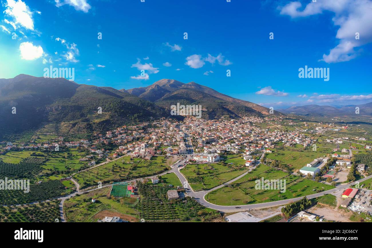 Aerial cityscape view of Molaoi town. It is a picturesque mountainous ...