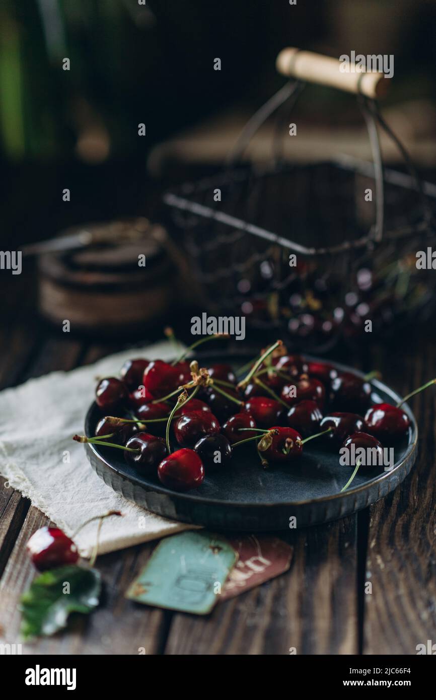 food photography in low key, fruit cherry vitamins, food for vegatarin ...