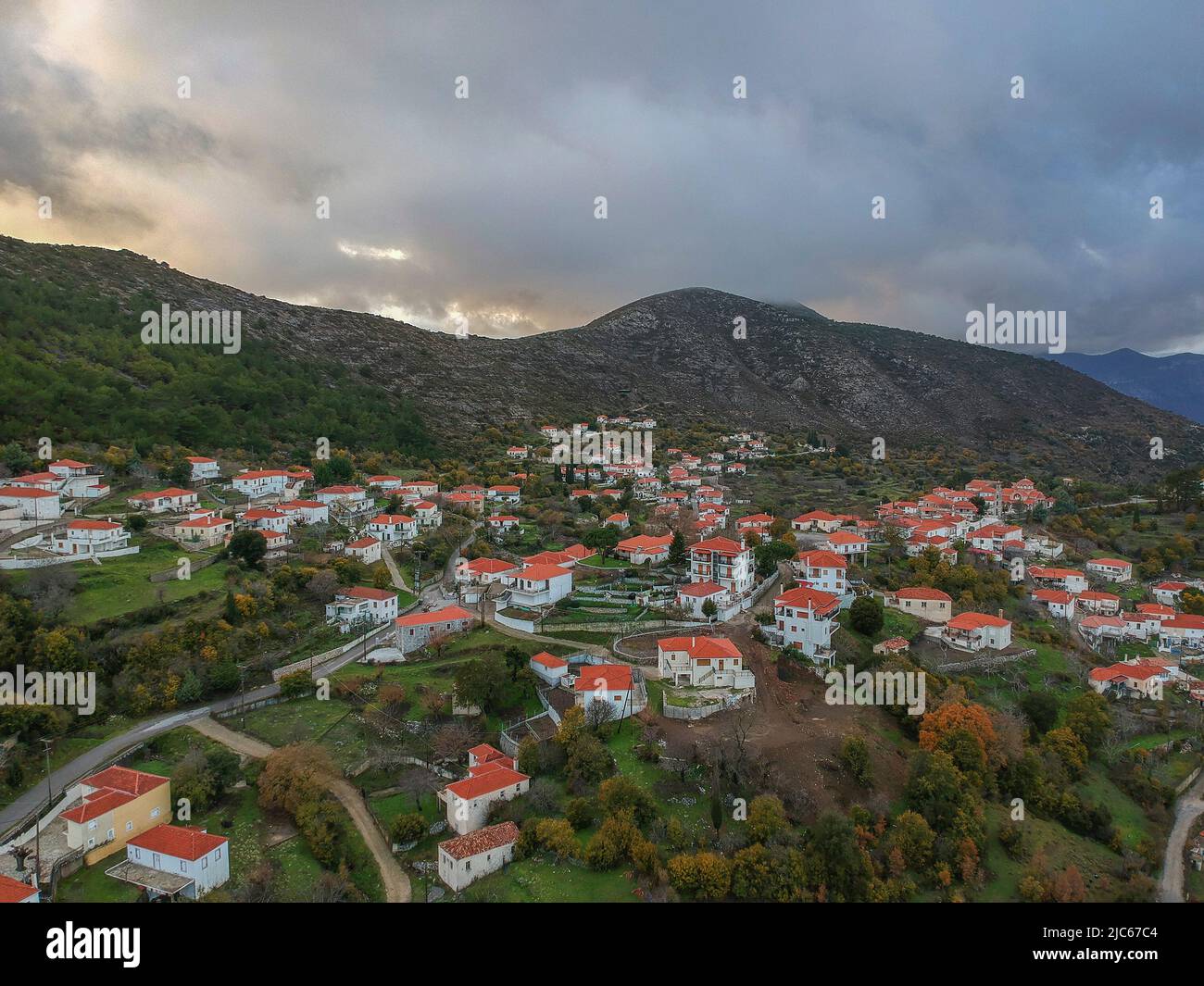 Aerial panoramic view of the picturesque mountainous village Kremasti ...