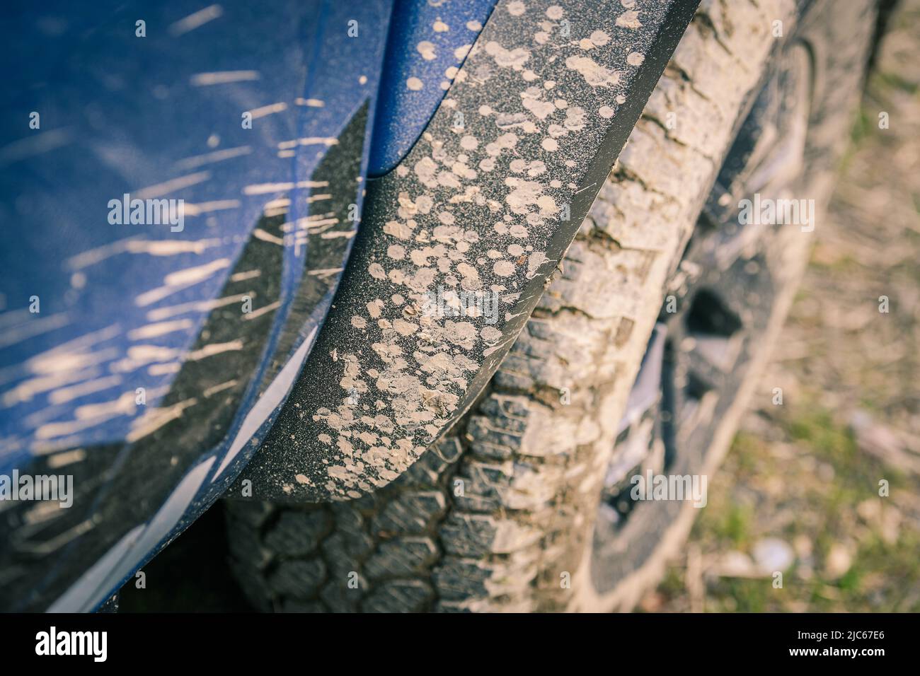 Close-up of a muddy wheel. Big tire of an off-road vehicle with mud ...