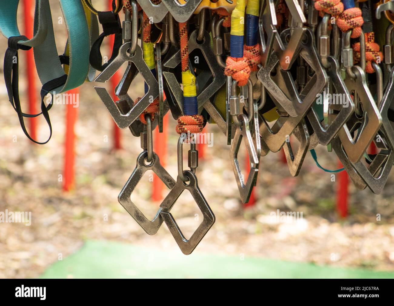 Carabiner in the rope park. Carabiners for climbers. Hanging ropes ...