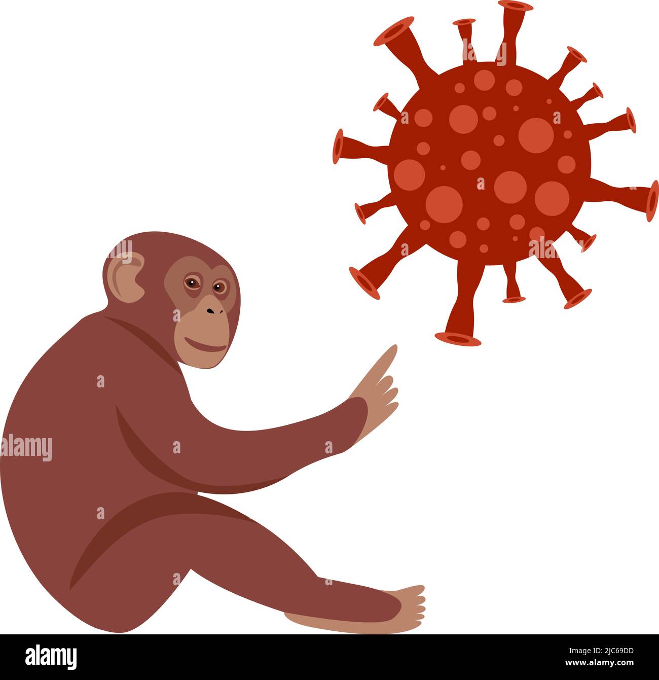 Virus cell with monkey, medical simbolic illustration. Monkey points a ...