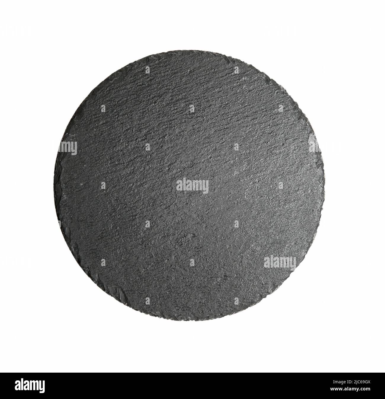 Round black slate dish plate isolated on white background top view ...