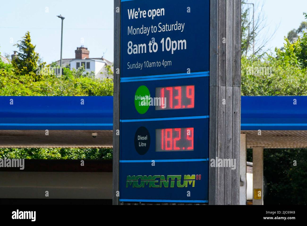 Axminster, Devon, UK. 10th June 2022. Petrol and Diesel prices at Tesco ...