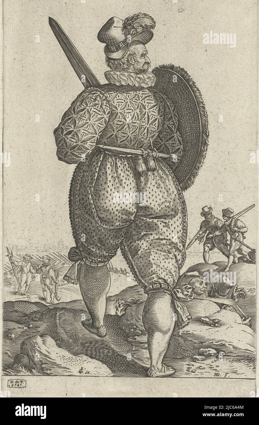 A warrior with sword, seen from the back, print maker: Hendrick ...