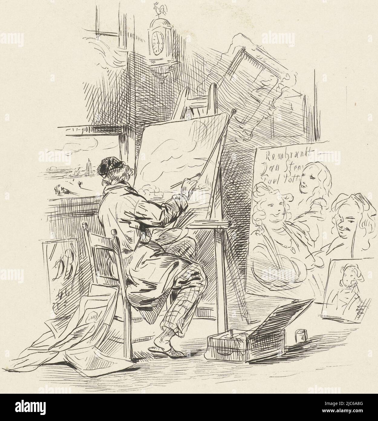 A painter is at work in his studio in front of the easel. On the floor and on the wall paintings ...