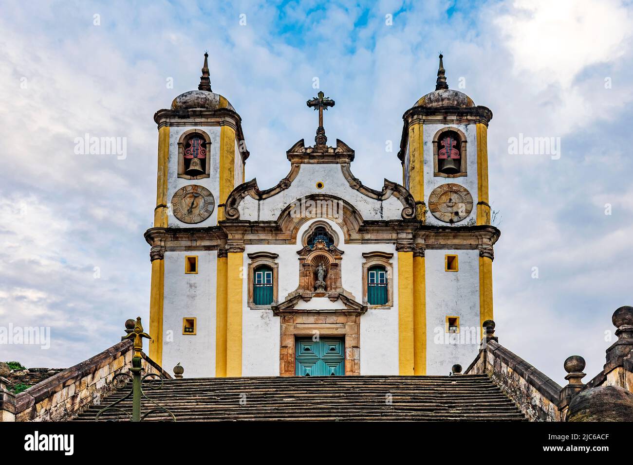 Facade of old historic church in baroque style in Ouro Preto city ...