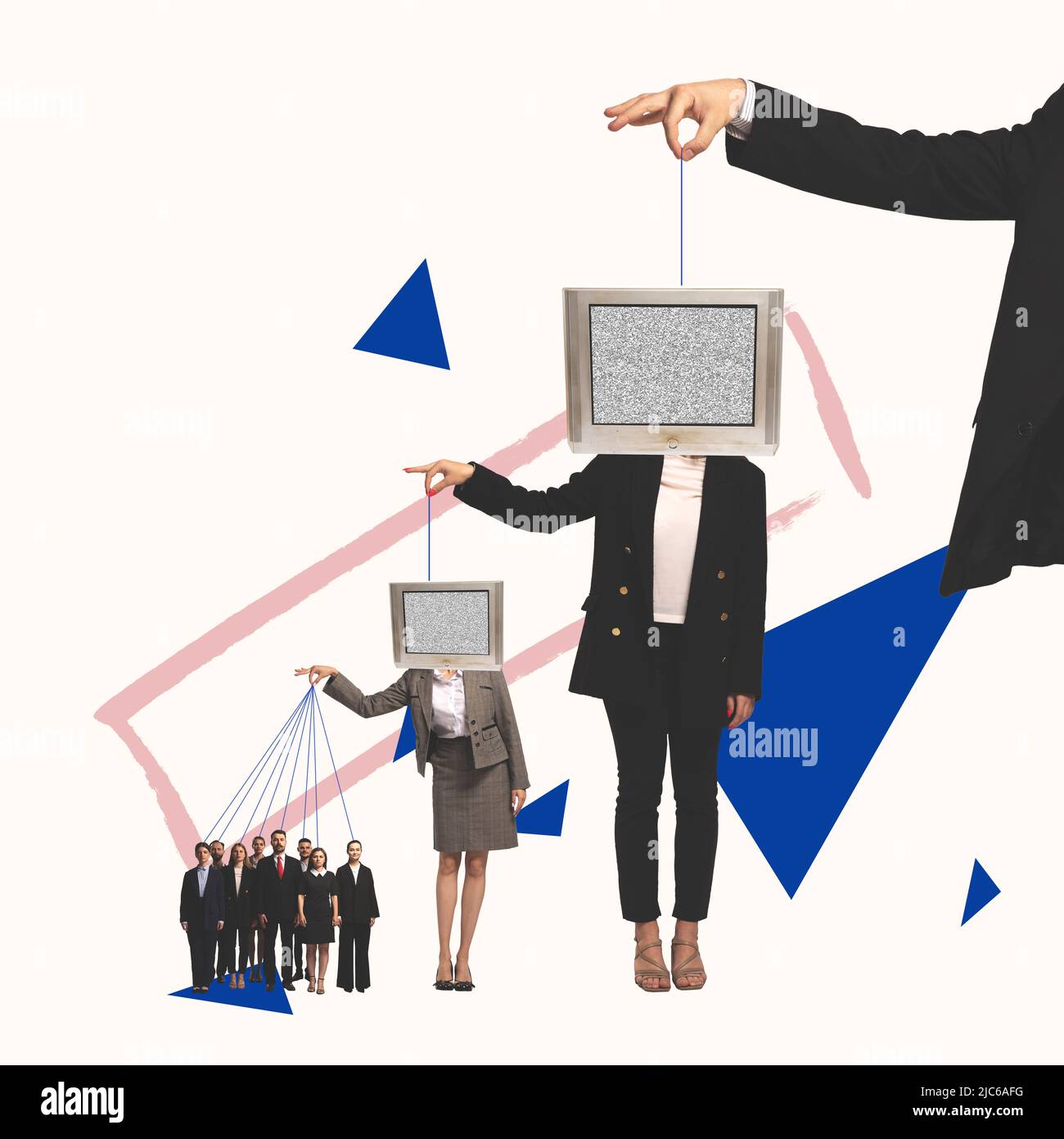 Contemporary art collage. Conceptual image. People with TV head holding ...