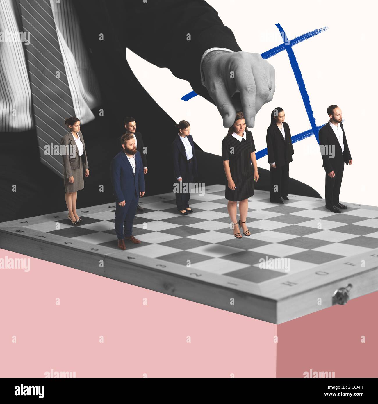 Contemporary art collage. Conceptual image of giant male hand moving ...