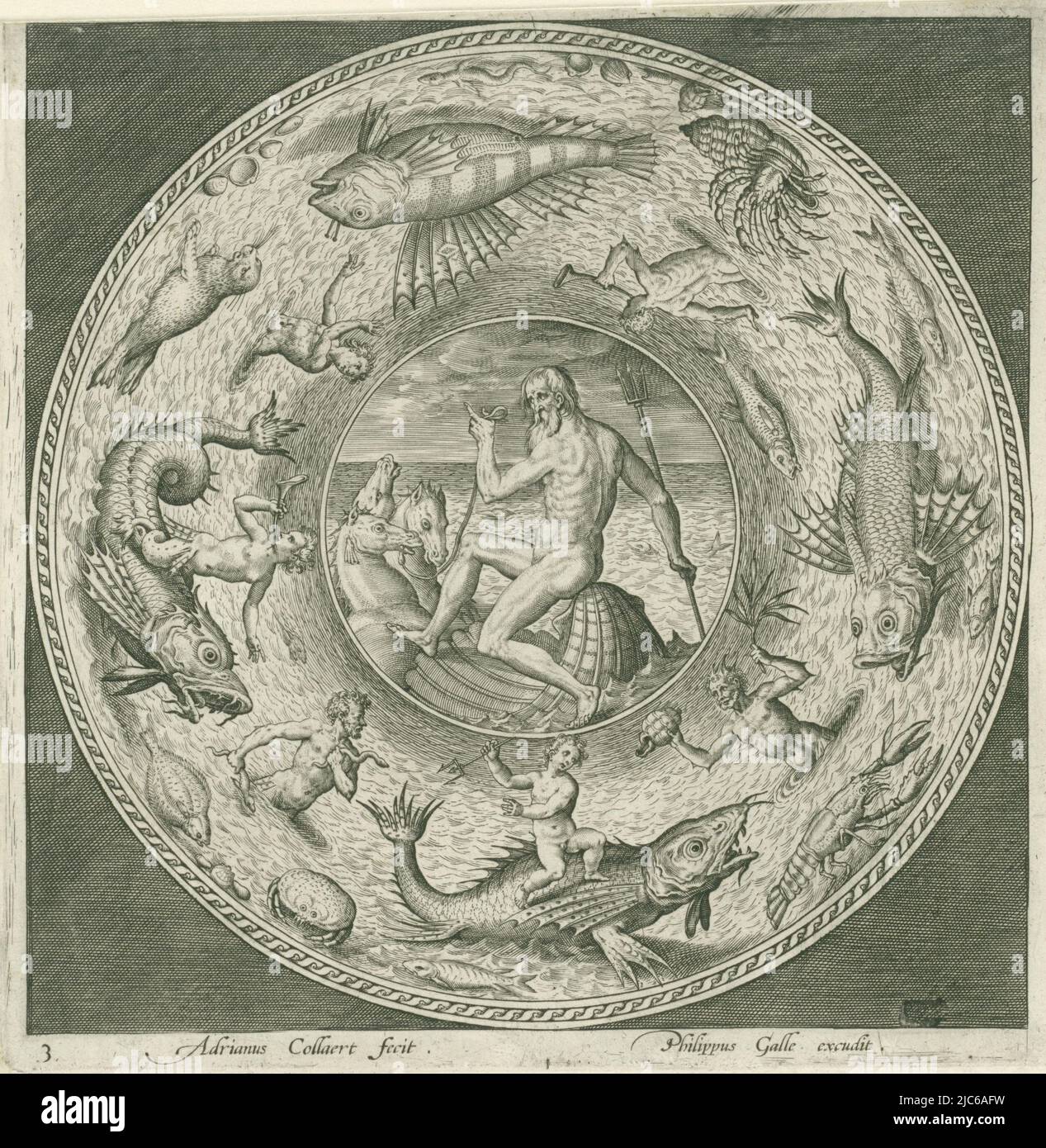 Neptune, riding a horse-drawn shell. In the border are horn-blowing ...