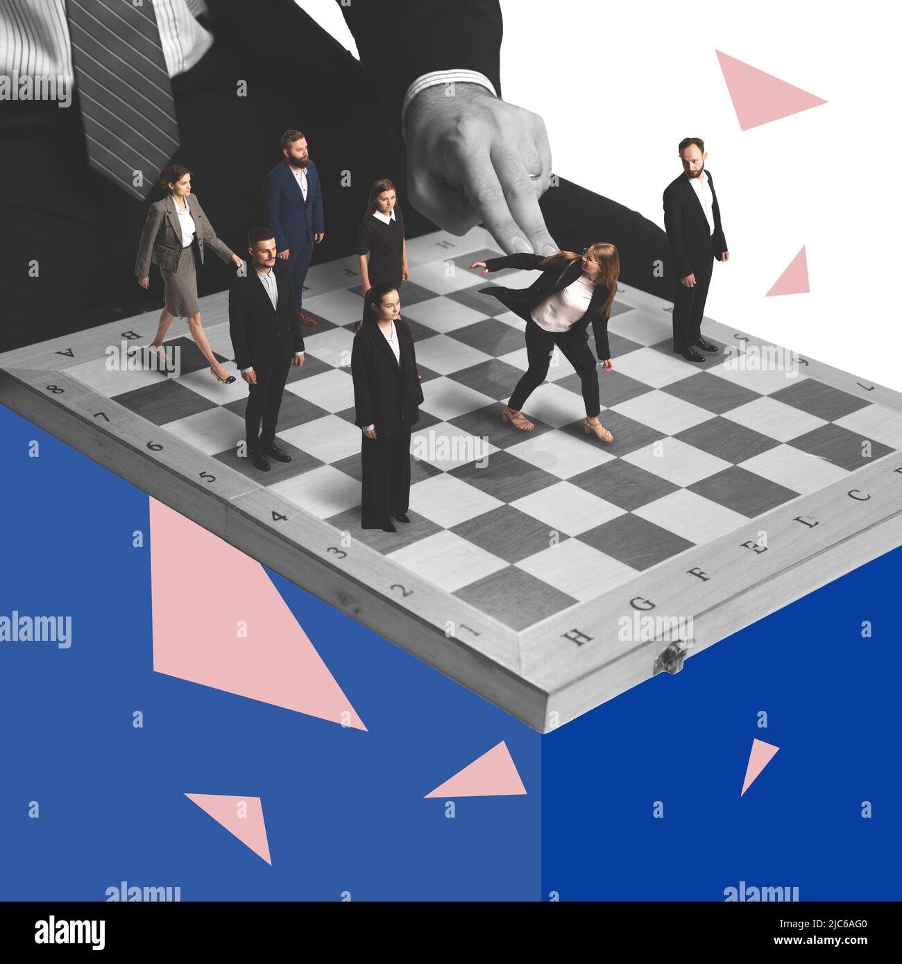 Contemporary art collage. Conceptual image of giant male hand moving ...