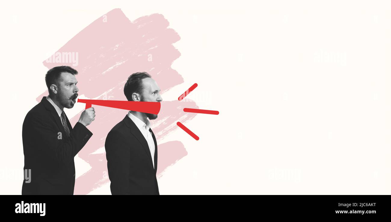 Contemporary art collage. Conceptual image. Man shouting fake news ...