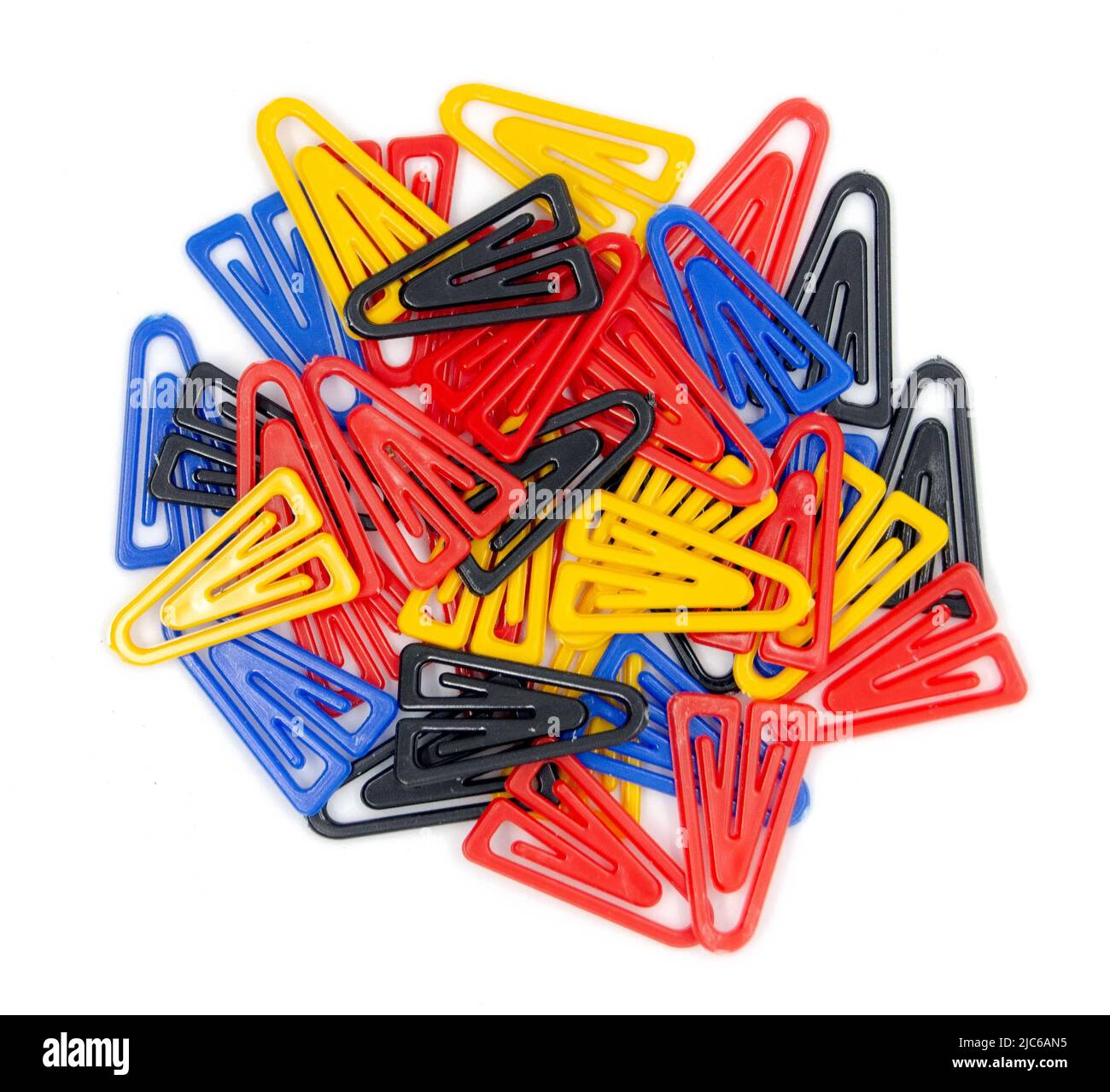 Colorful plastic paperclips isolated on white background, top view. Non ...