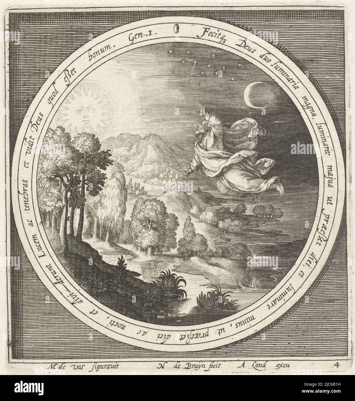 Fourth day of creation: God creates the sun, moon and stars, separating ...