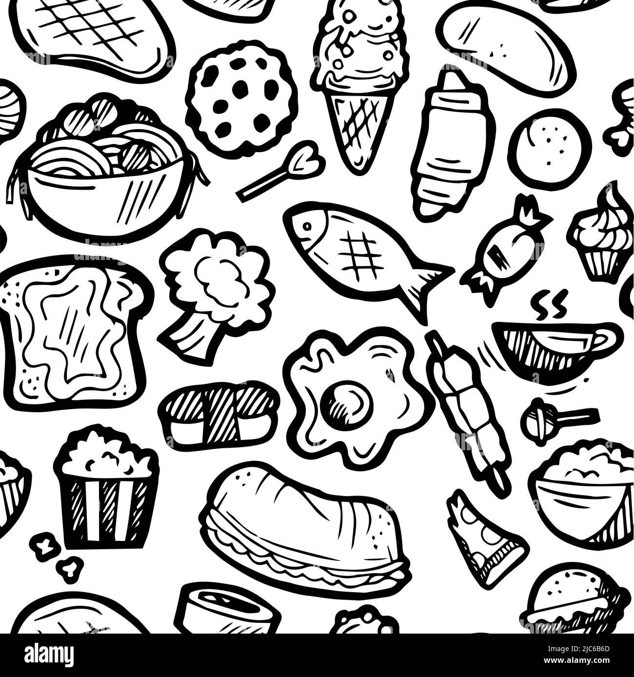 Set of food. Baking buns and meat dishes. Hand drawing outline ...