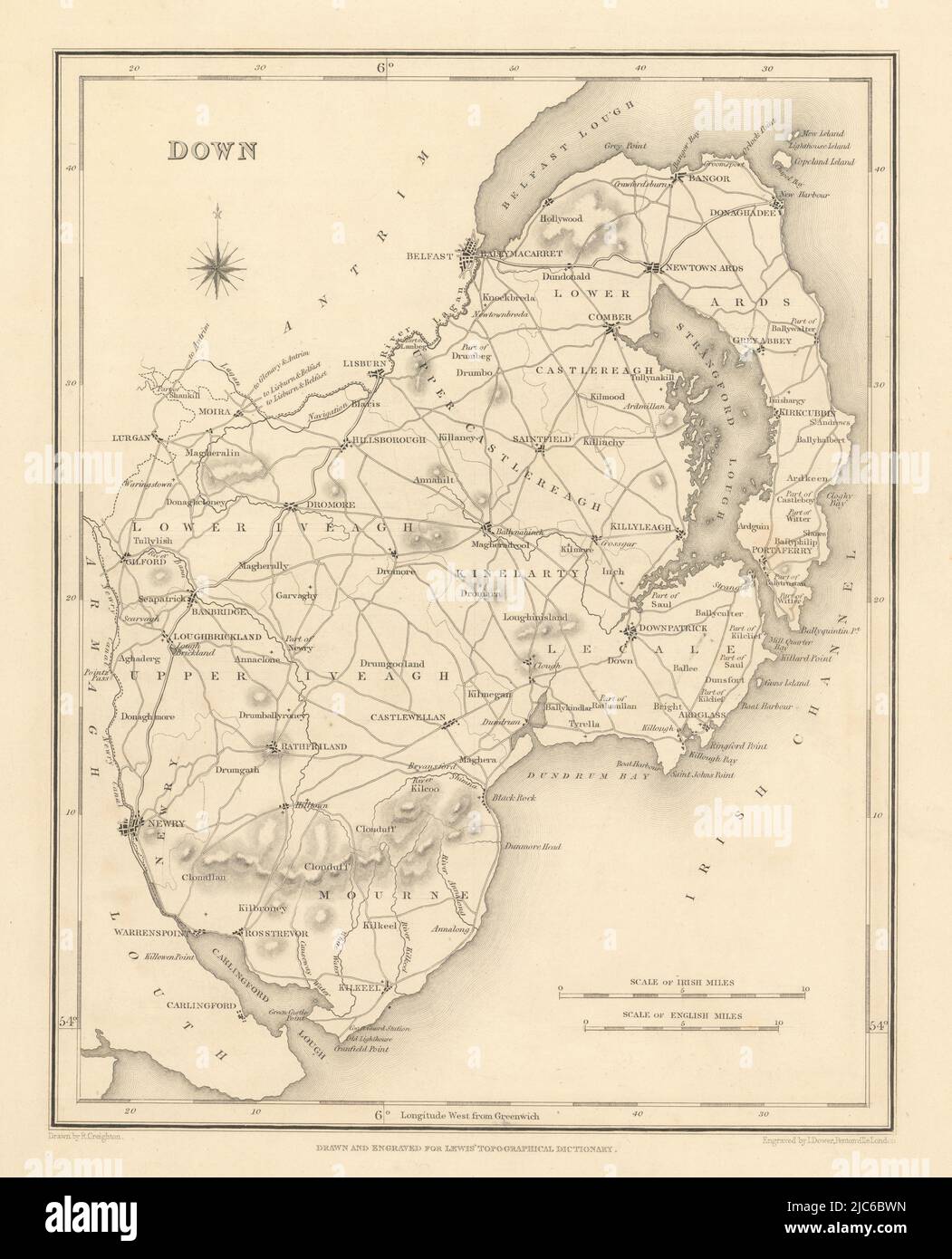 COUNTY DOWN antique map for LEWIS by CREIGHTON & DOWER - Ulster 1837 ...