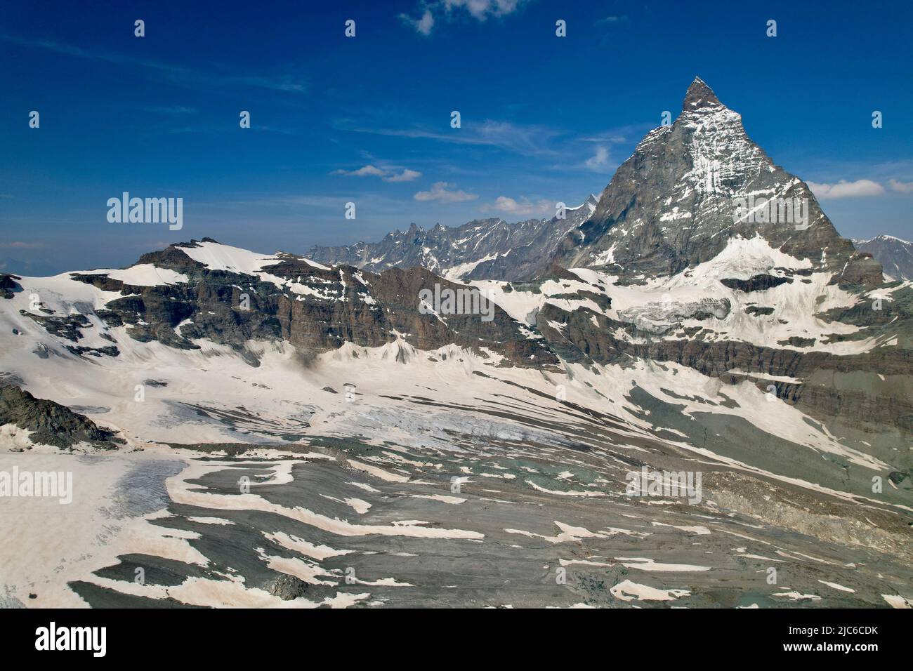 Aerial panorama of Matterhorn peak, drone view, Swiss Alps Stock Photo ...