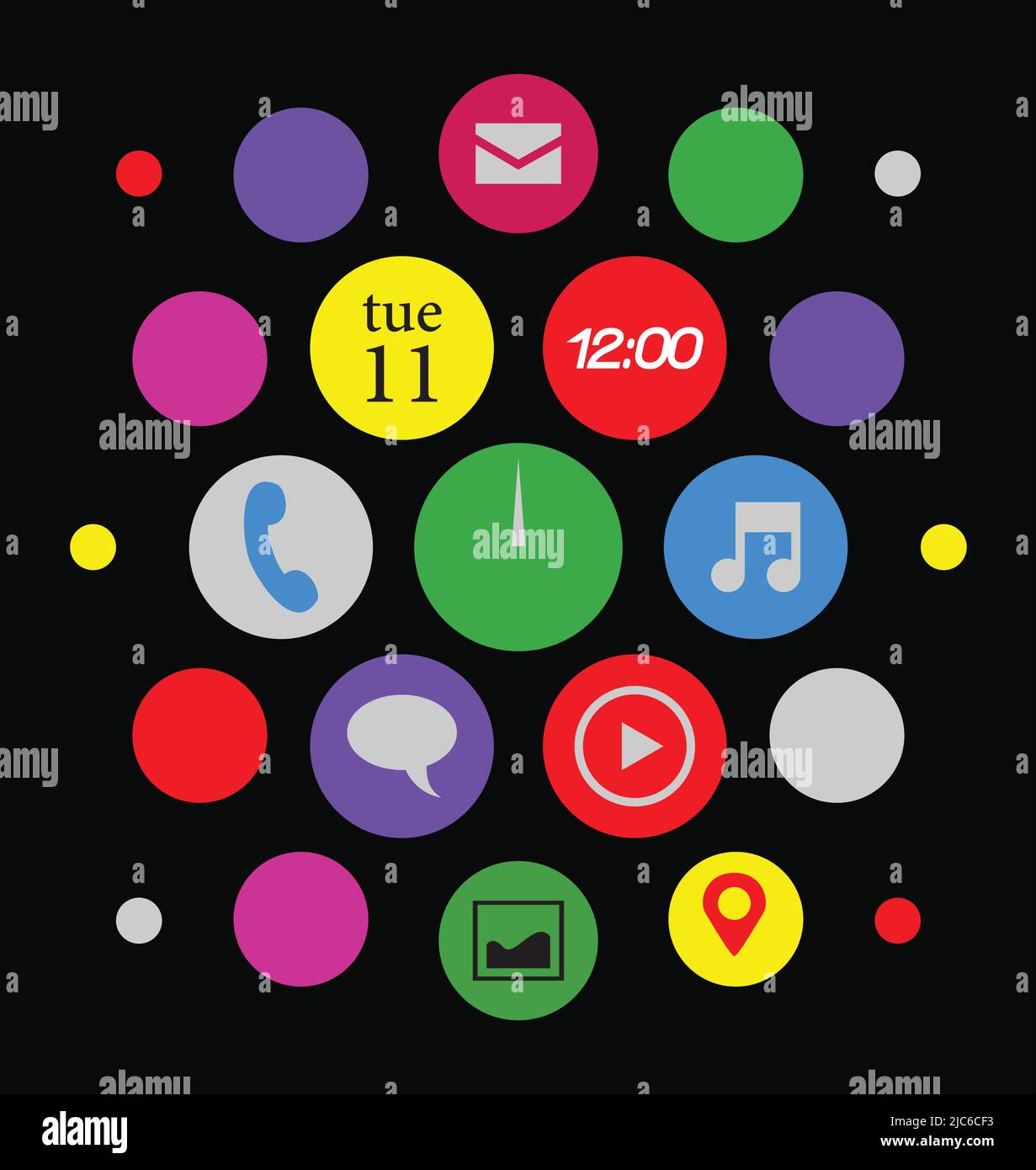 Smart watch screen with circular app icons. Gallery, Video player ...