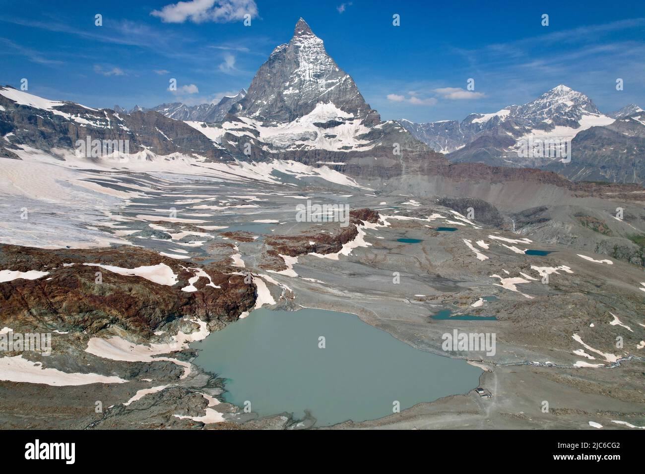 Aerial panorama of Matterhorn peak, drone view, Swiss Alps Stock Photo ...