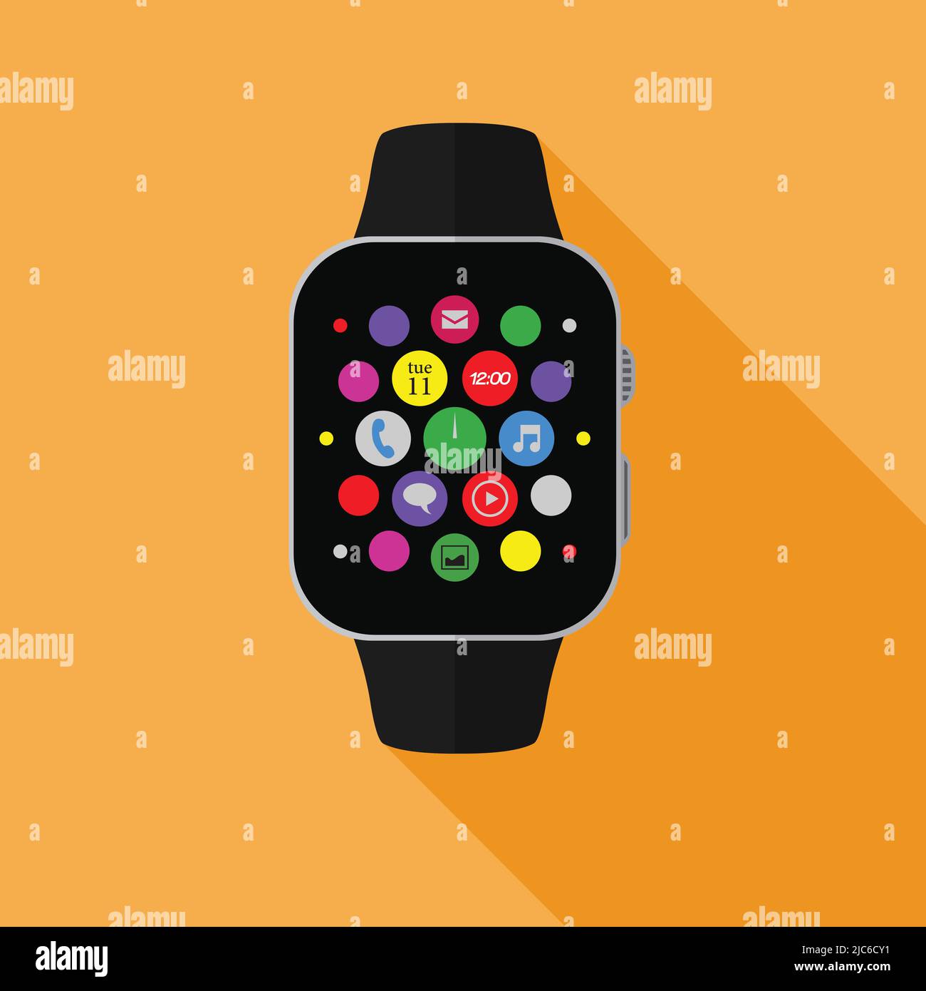 Smart watch with app icons, flat concept with long shadow Stock Vector ...