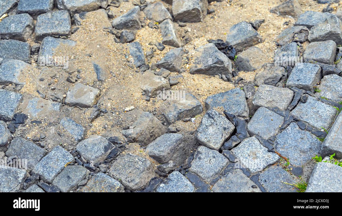 Sinking Hole Filled With Sand Damaged Cobblestones Street Danger Stock ...