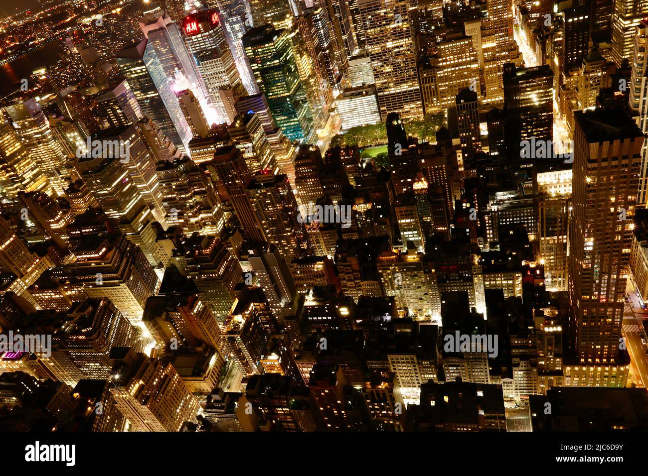 Aerial night drone view on skyscrapers and buildings in Manhattan, New ...