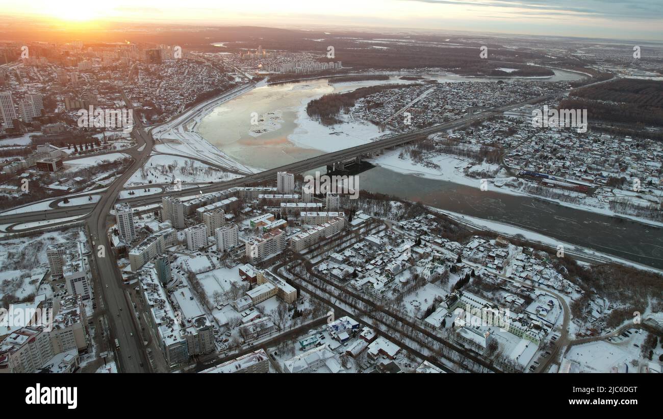 Trans-Siberian bridge across Agidel in Ufa, Winter drone views of ...