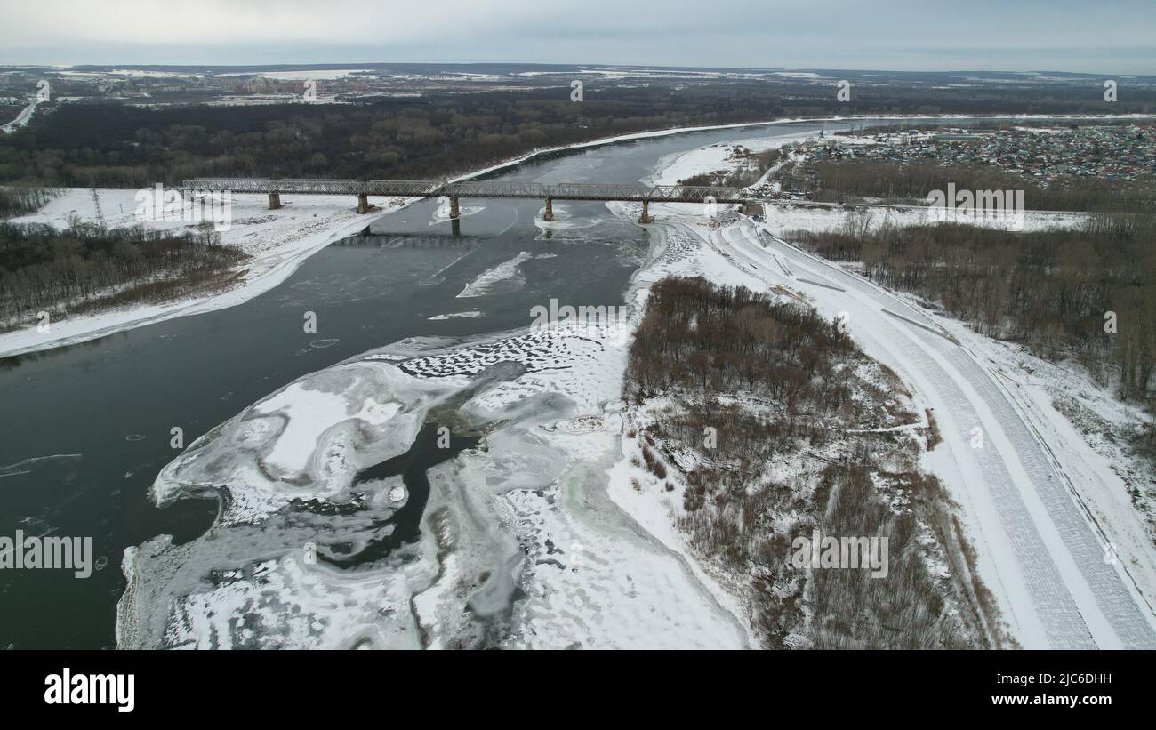 Trans-Siberian bridge across Agidel in Ufa, Winter drone views of ...