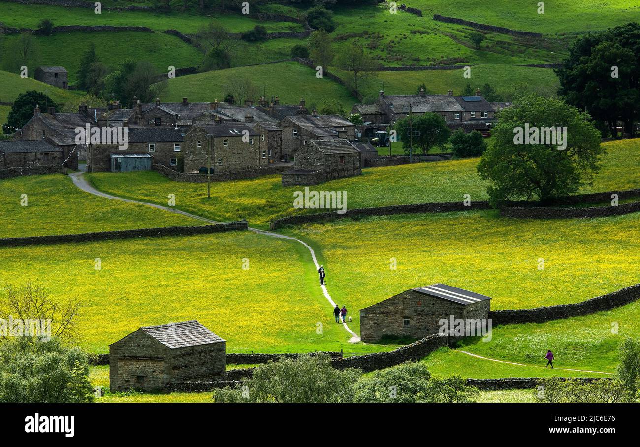Muker, Yorkshire Dales, UK. 10th Jun 2022. Ramblers make their way ...