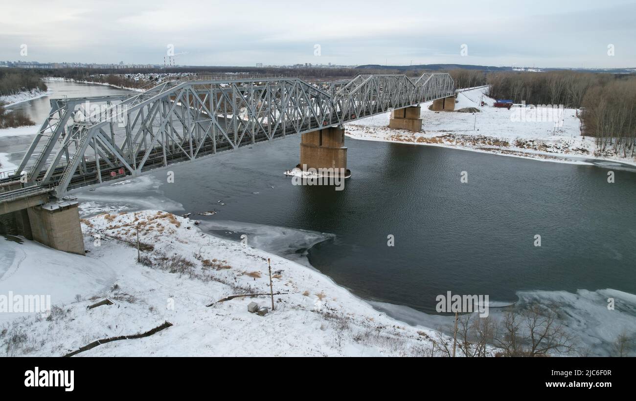 Trans-Siberian railway bridge, winter drone views of Russia, Bashkiria ...