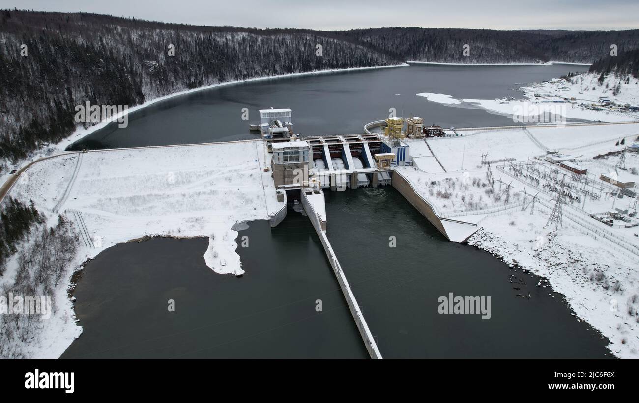 Hydro electric station, power plant, Winter drone views of Russia ...