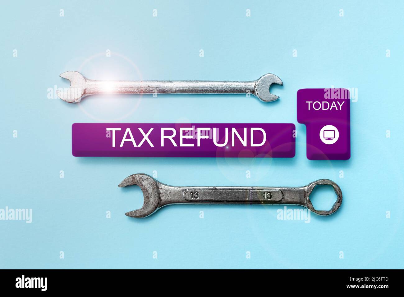 Conceptual display Tax Refund. Word for applied when money liability is ...
