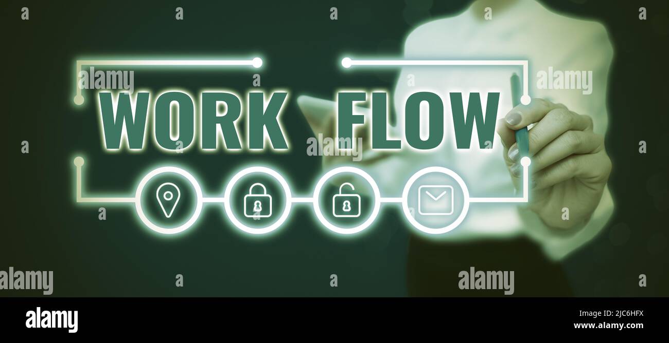 Text caption presenting Work Flow. Business idea Continuity of a certain task to and from an ...