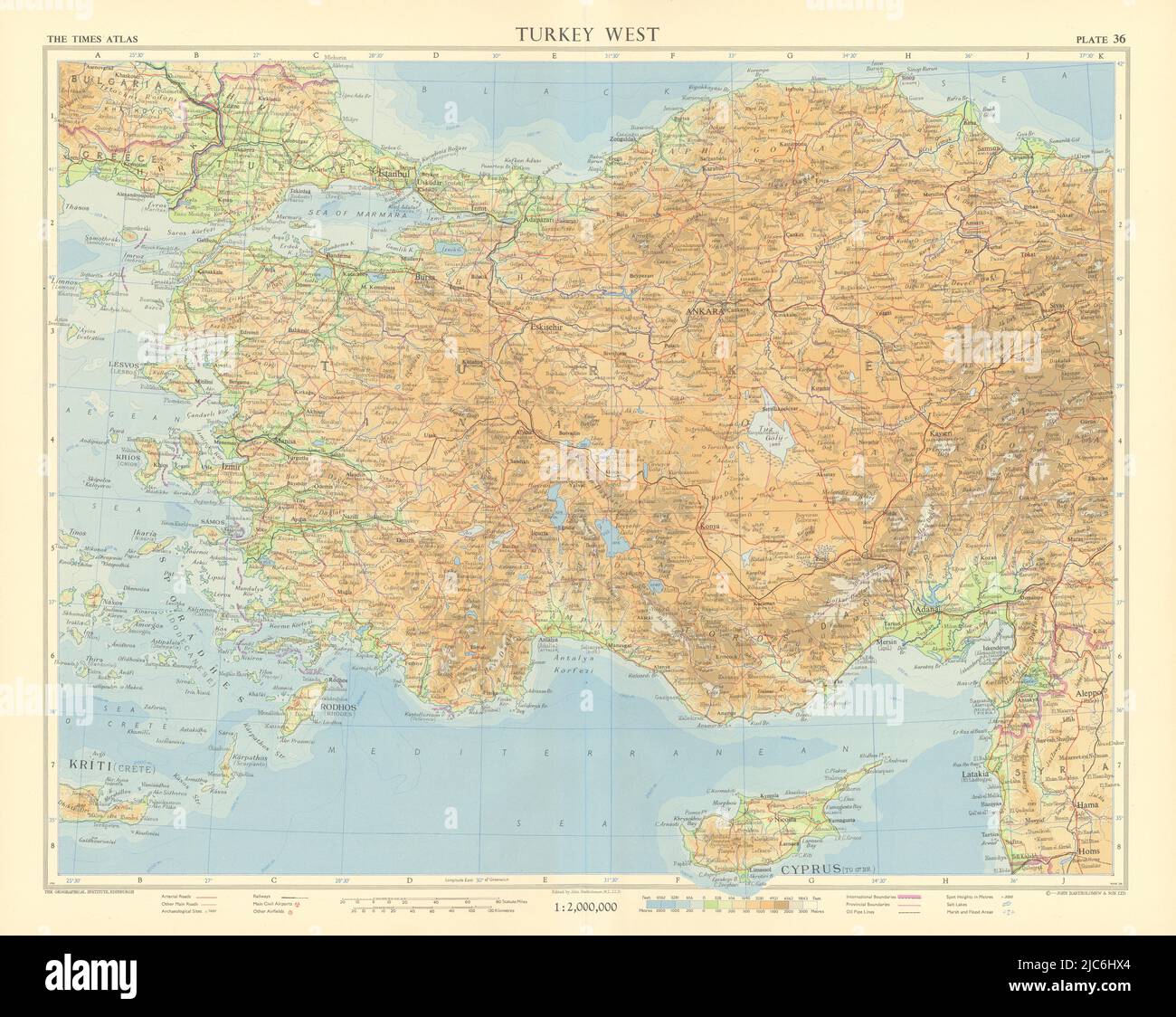 Western Turkey. Anatolia Aegean Cyprus. TIMES 1959 old vintage map plan ...