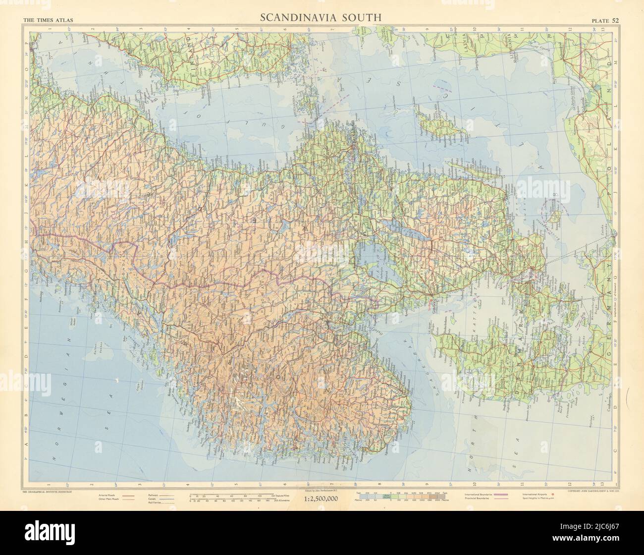 Southern Scandinavia. Norway Sweden Denmark. TIMES 1955 old vintage map ...