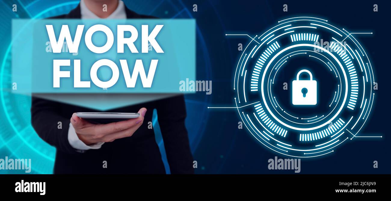 Text showing inspiration Work Flow. Word Written on Continuity of a certain task to and from an ...