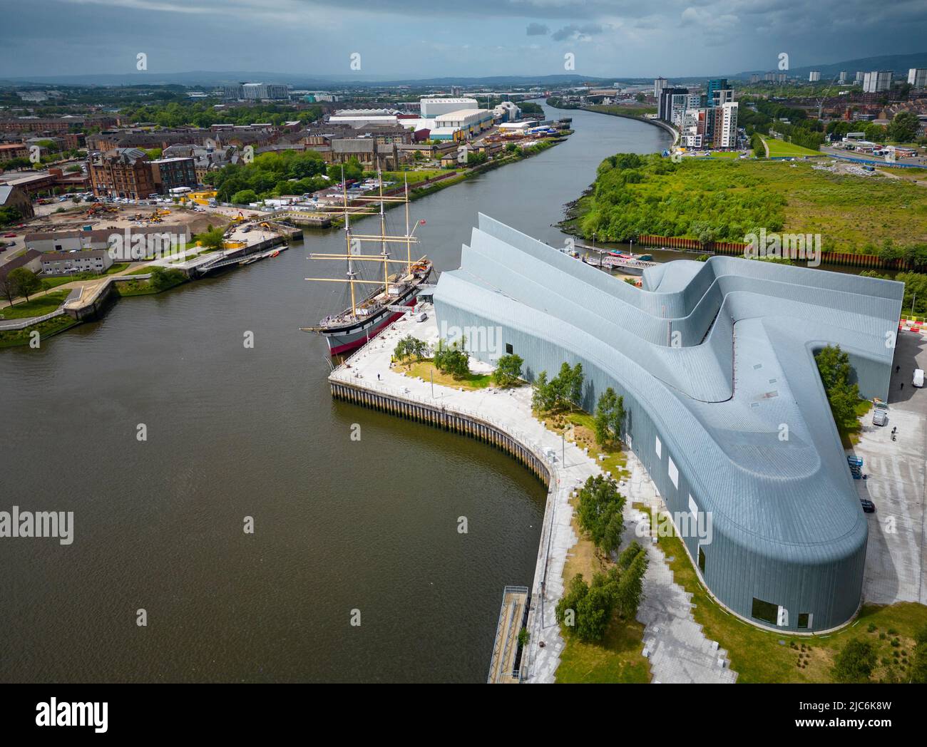 Aerial view of the Riverside Museum of transport on River Clyde in ...