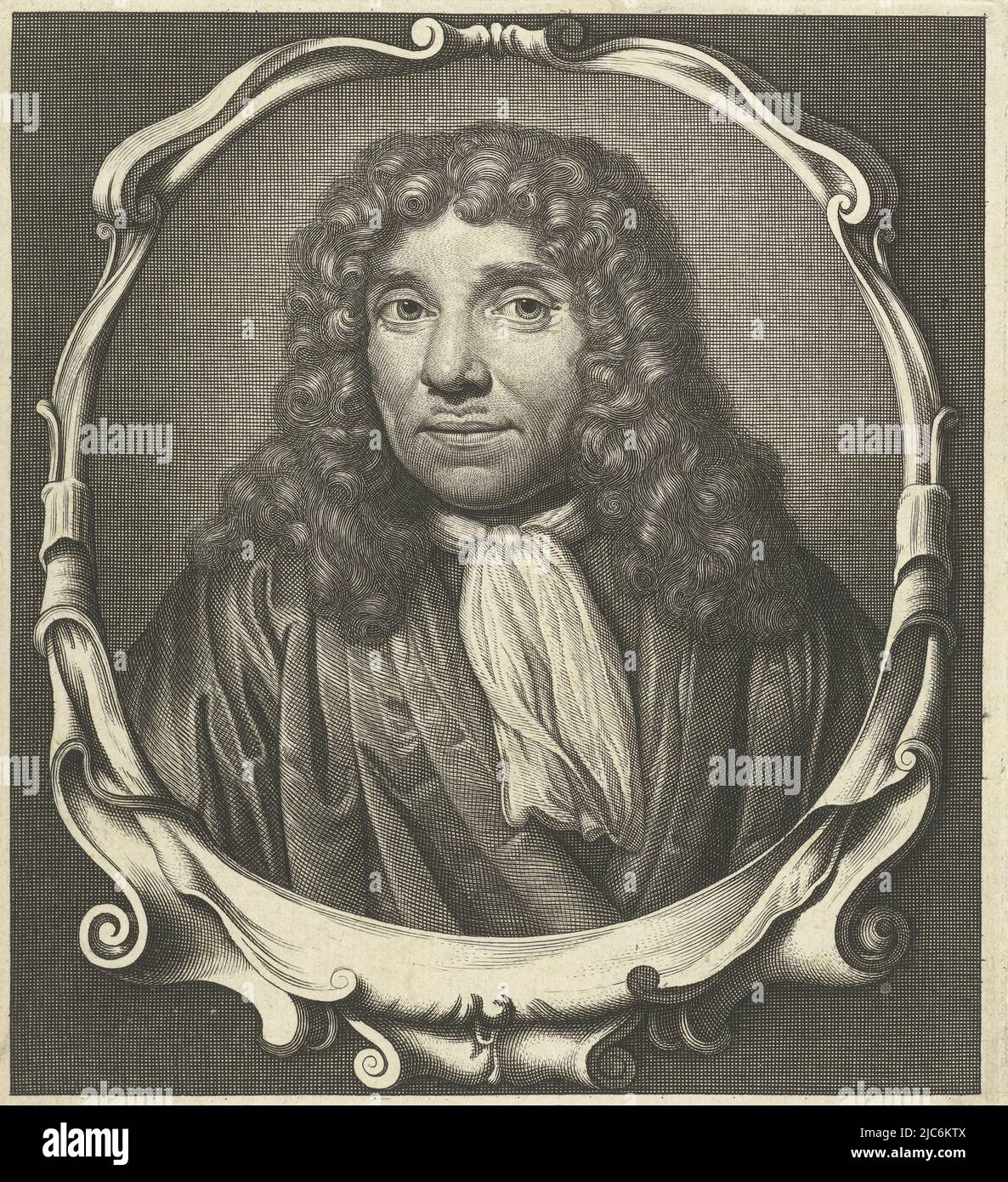 Portrait of Antonie van Leeuwenhoek, bust in oval frame with lobe ...