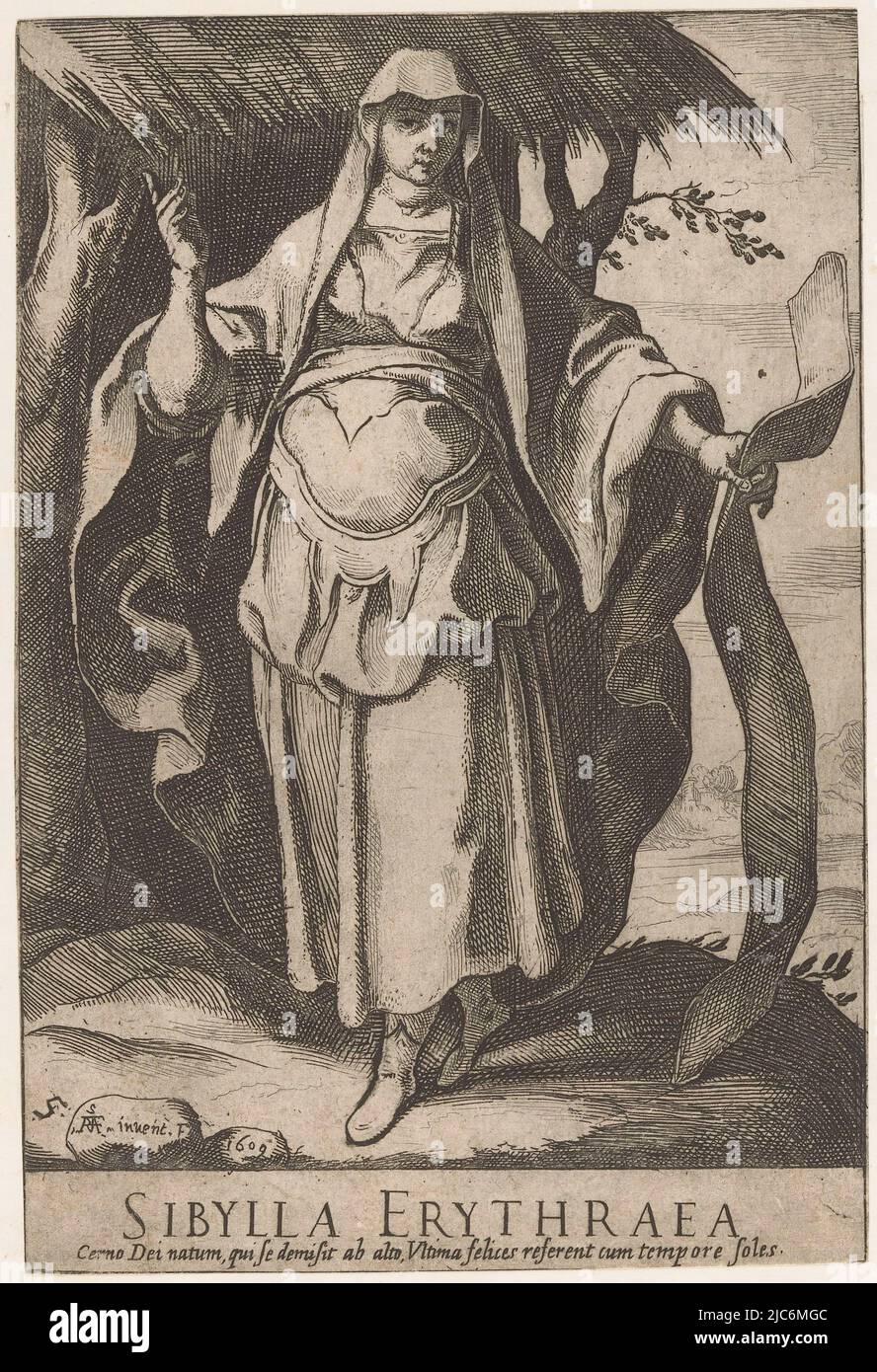 The Sibyl of Erythrae standing with a banderole in hand. On the left a ...