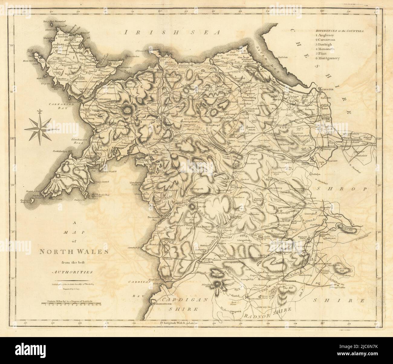 "A map of North Wales from the best authorities". CARY 1806 old antique ...