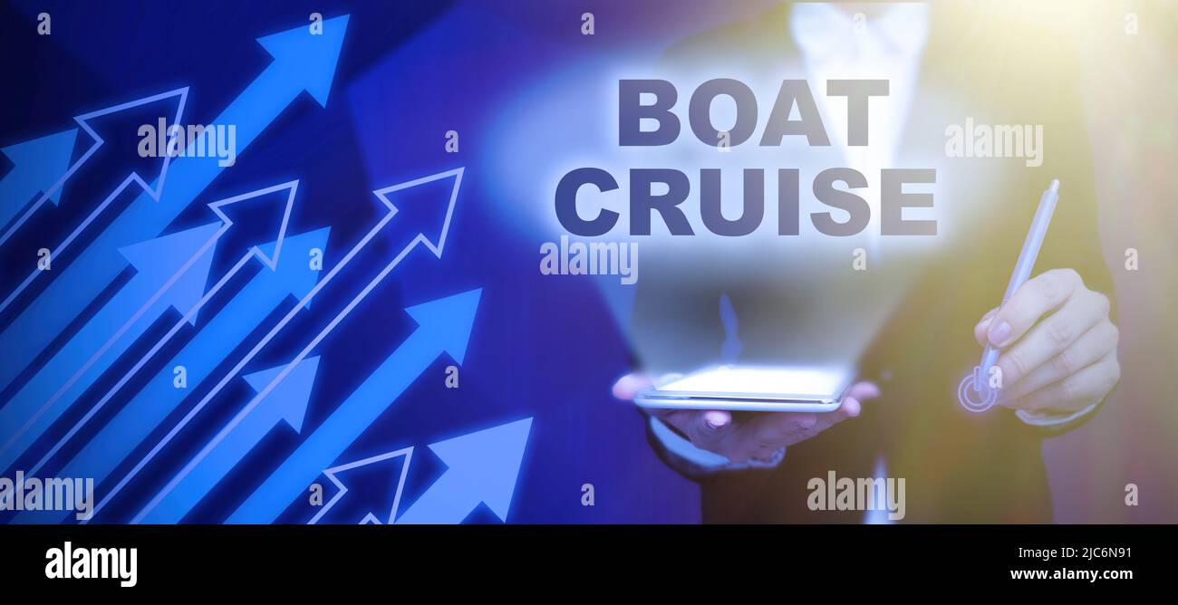 Hand writing sign Boat Cruise. Word Written on sail about in area ...