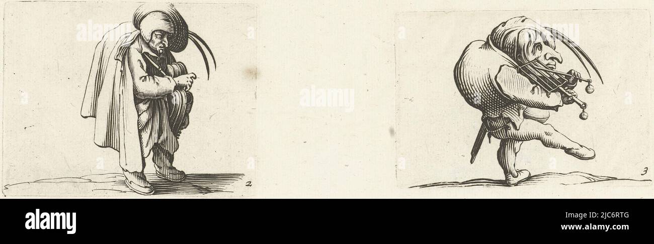 Left: grotesque figure, seen on right side, with hunchback, playing a ...