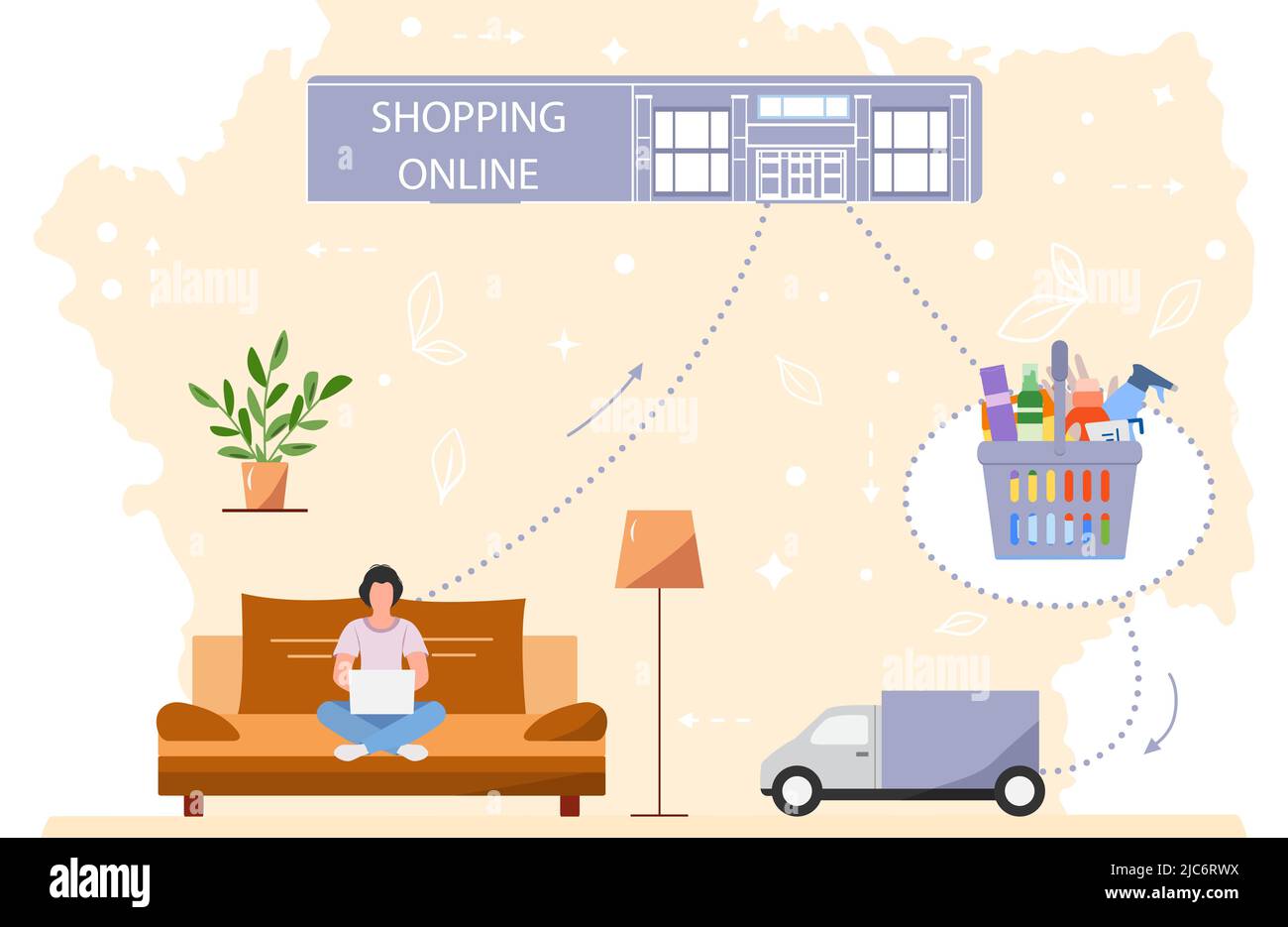 Vector illustration Woman uses a website on laptop to order household ...